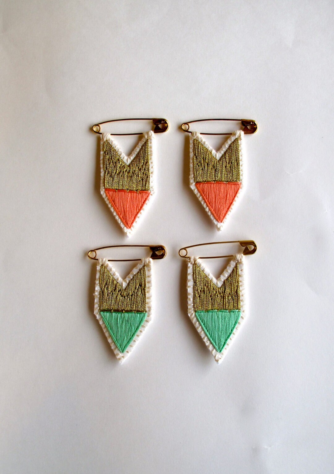 Triangle Brooch Embroidered in Coral or Green With Gold on Gold Pin ...