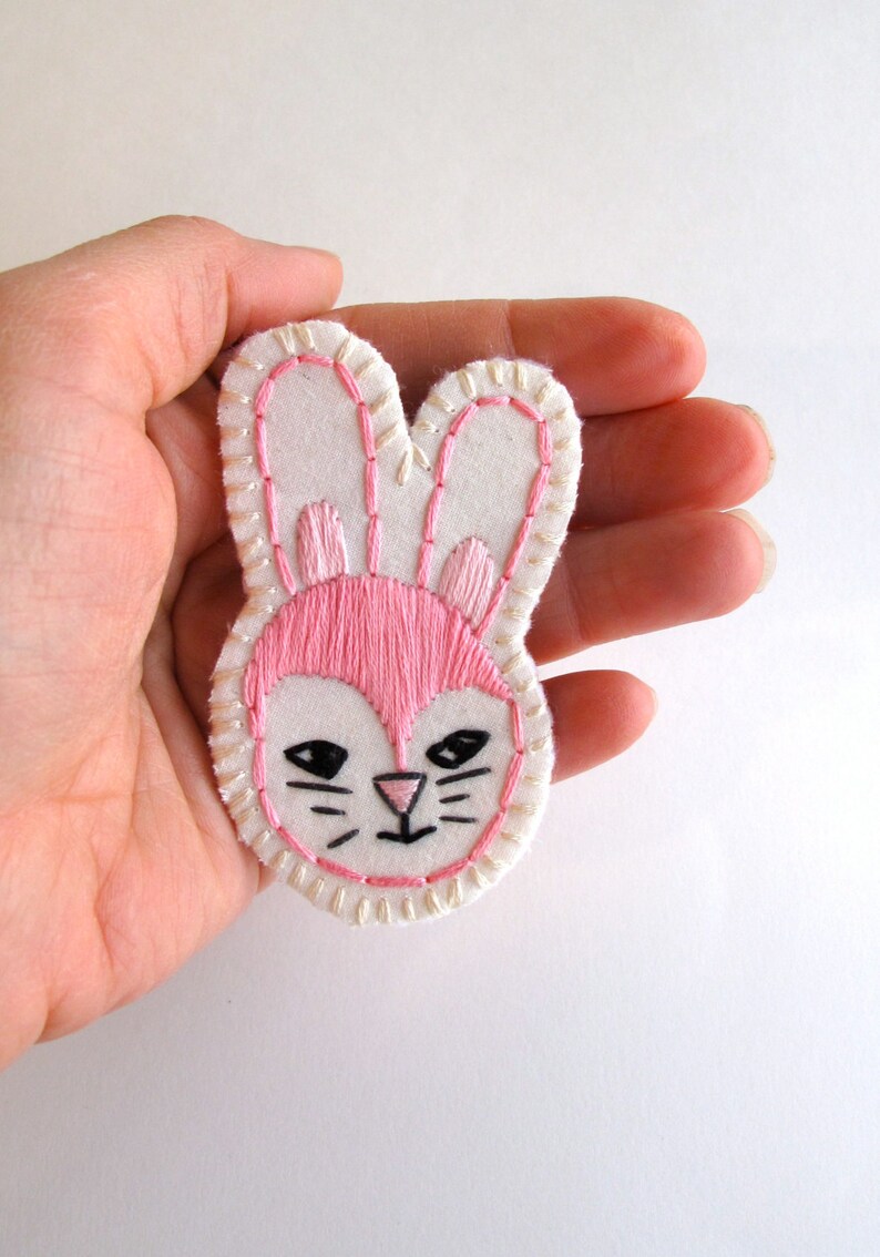 Easter Bunny Brooch Hand Embroidered Jewelry in Pink and Black - Etsy