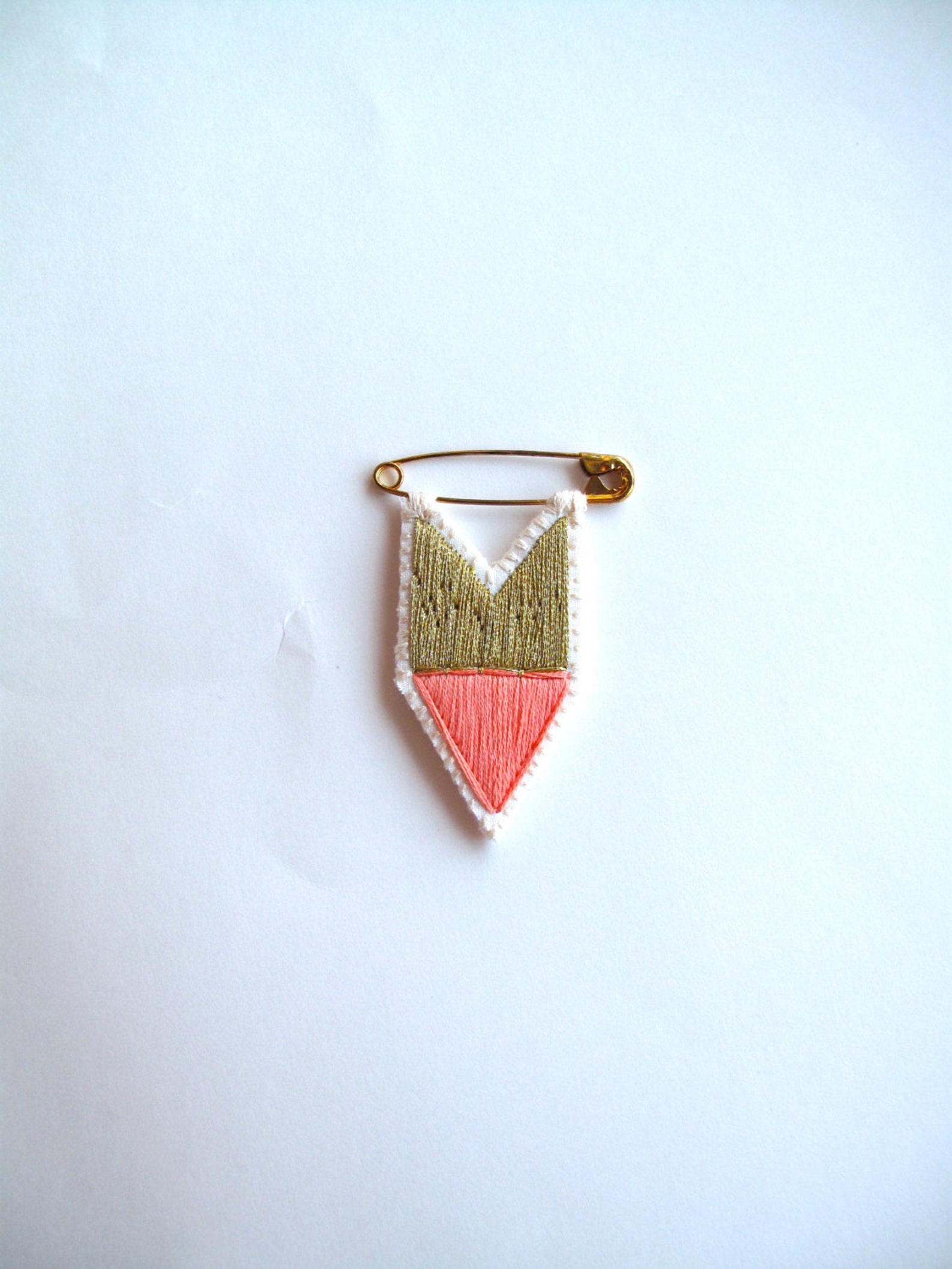 Triangle Brooch Embroidered in Coral or Green With Gold on - Etsy
