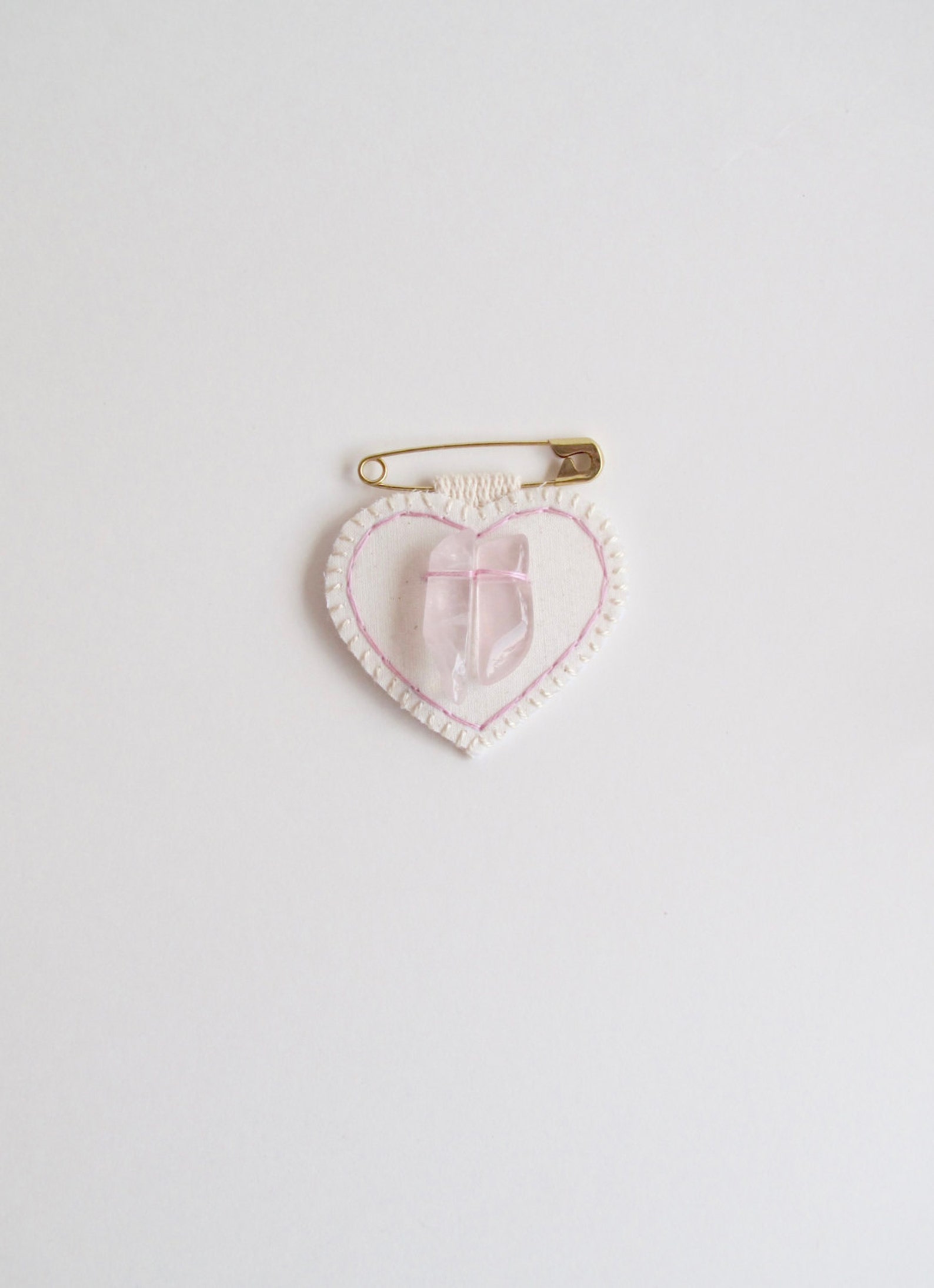 Crystal Heart Brooch Embroidered Light Pink With Flat Rose Quartz ...