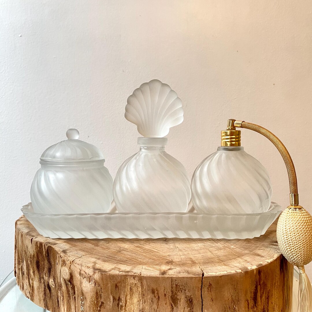 Vintage Frosted Glass Vanity Set Art Deco | Powder Jar, Perfume Bottle ...