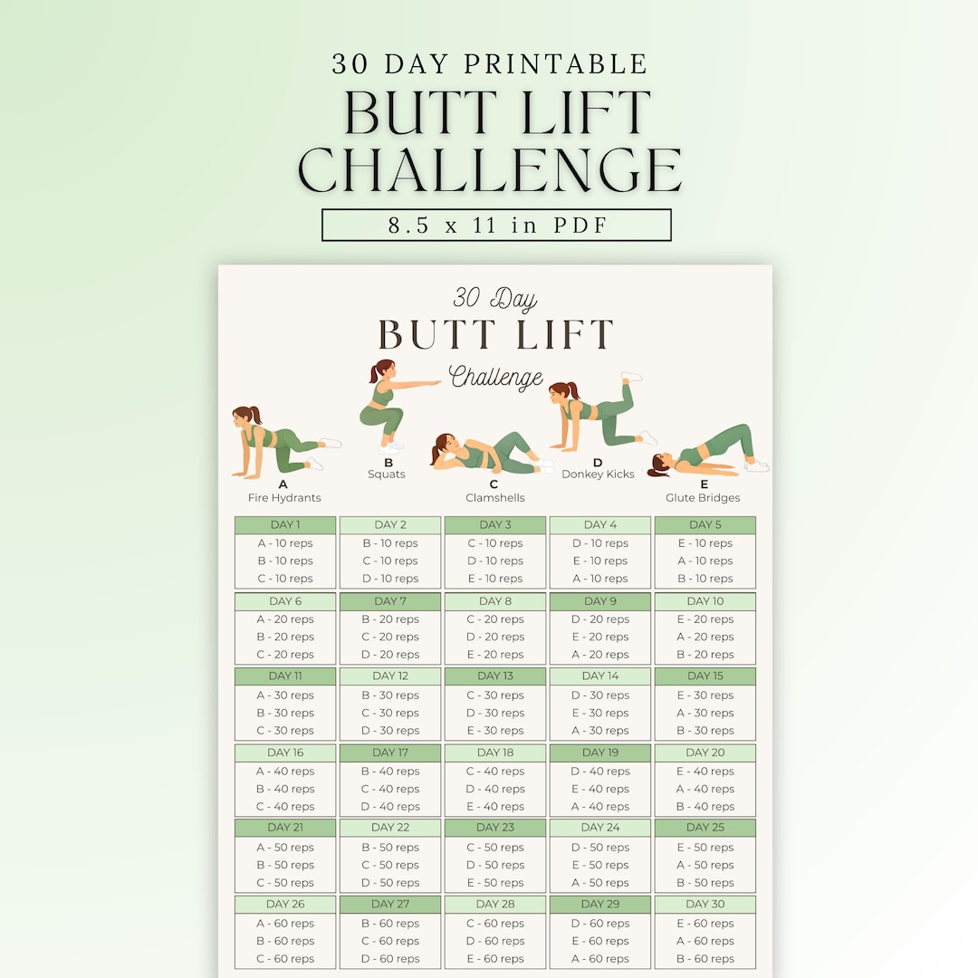 Butt Lift | 30 Day Challenge | Glutes, Hips & Leg Exercises | Printable ...