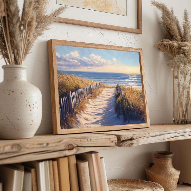 Sunlit Coastal Path Painting: Serene Beach Landscape Wall Art (digital ...