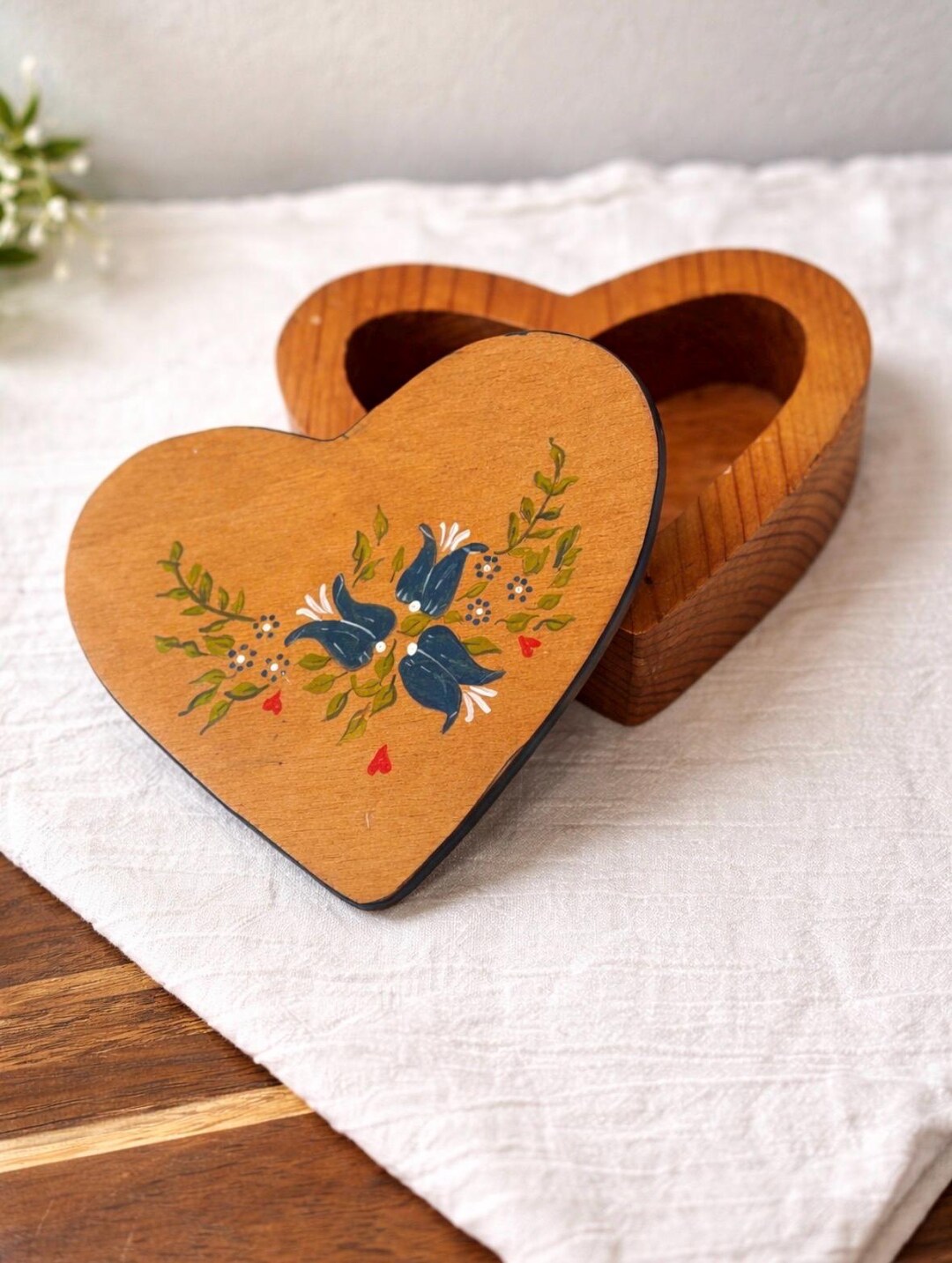 Wooden Heart Shaped Hand Painted Trinket Box. Folk Floral Jewelry ...
