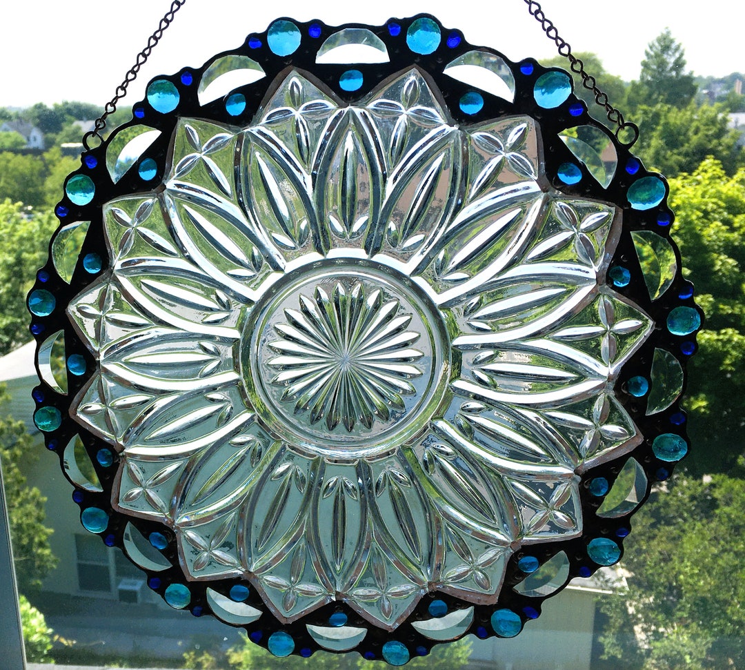 Stained Glass Medallion With Federal Glass Petal Plateblue - Etsy