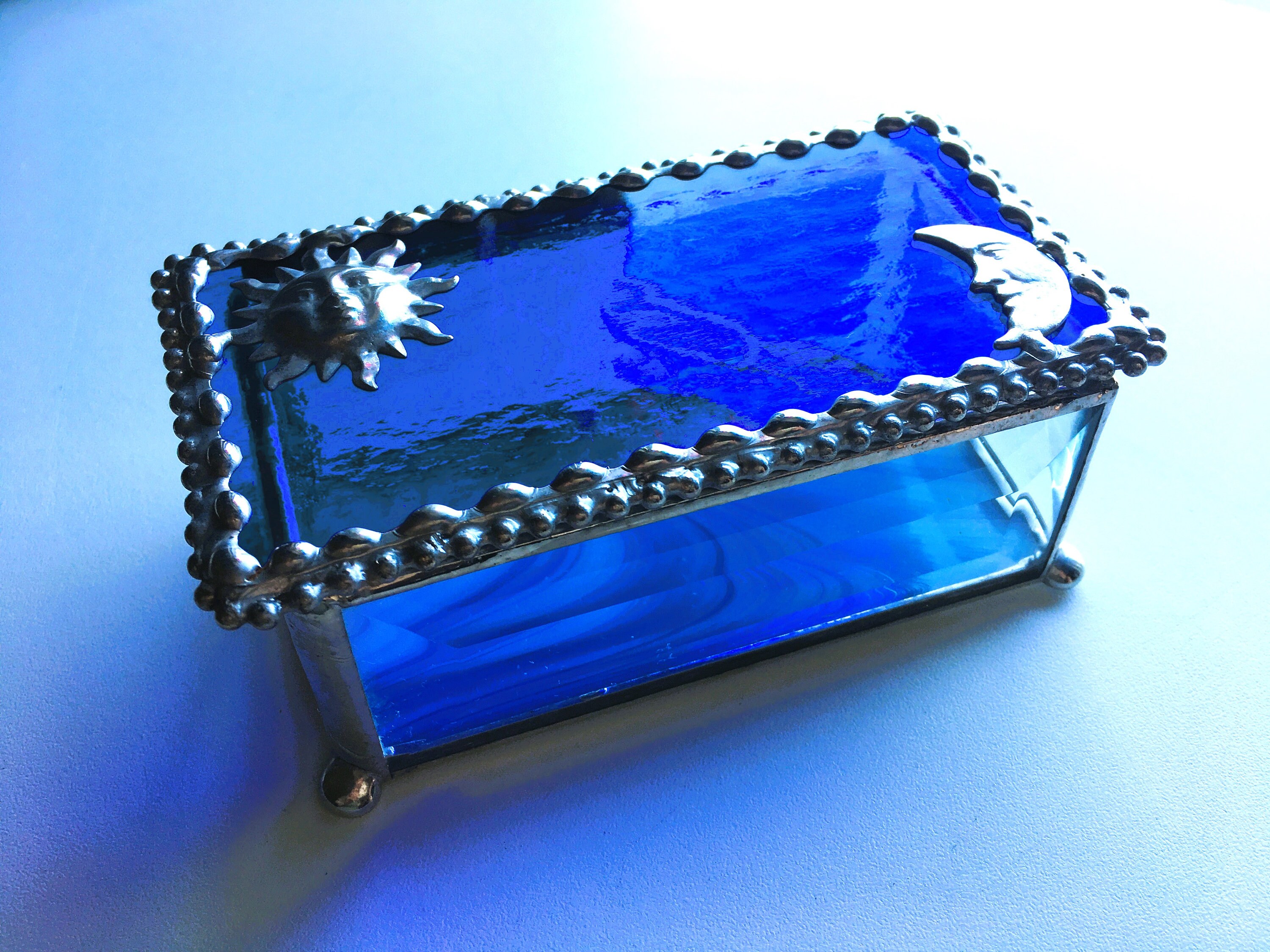 Stained Glass Sun & Moon Jewelry Box; Celestial True Cobalt Blue ...
