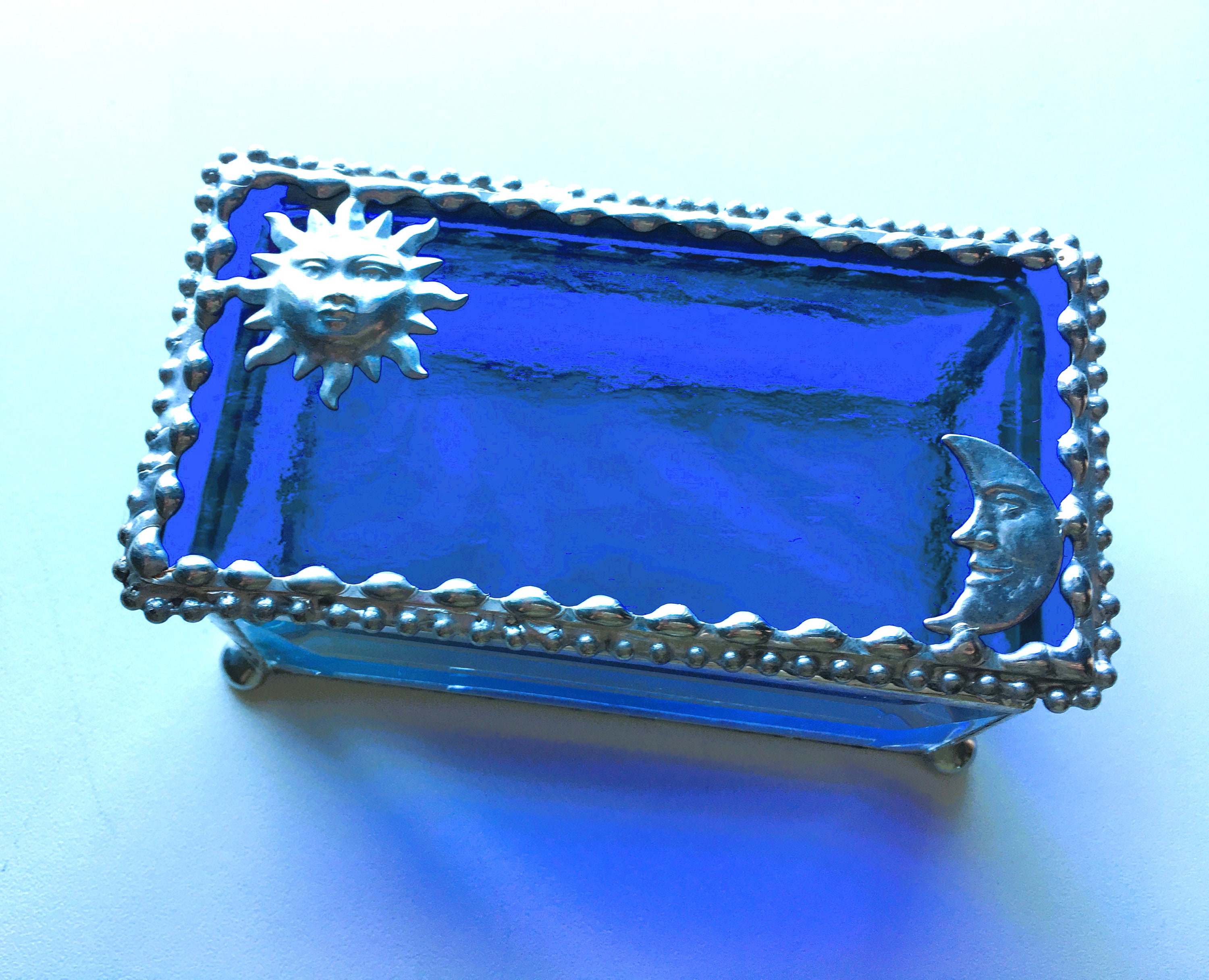 Stained Glass Sun & Moon Jewelry Box; Celestial True Cobalt Blue ...