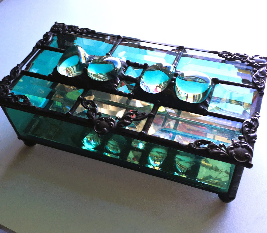 Stained Glass Jewelry Box With Blue Obsidian, Seafoam Glass, Jewelry ...