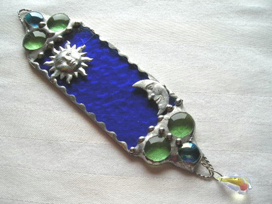 Stained Glass Sun and Moon Suncatcher, Blue Stained Glass With Aurora ...