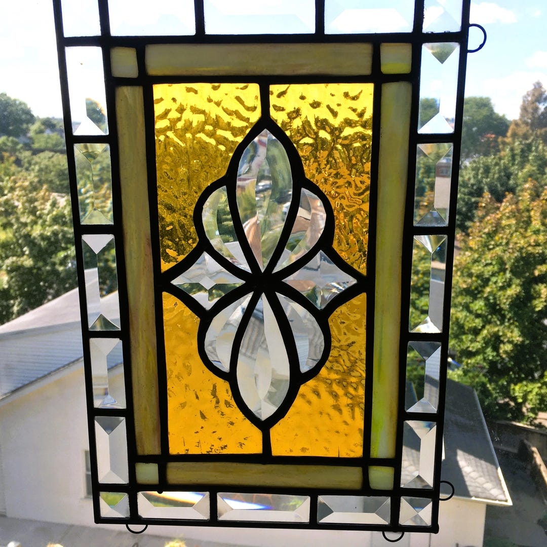 Stained Glass Art Panel, Two Tones of Golden Glass and Clear Beveled ...