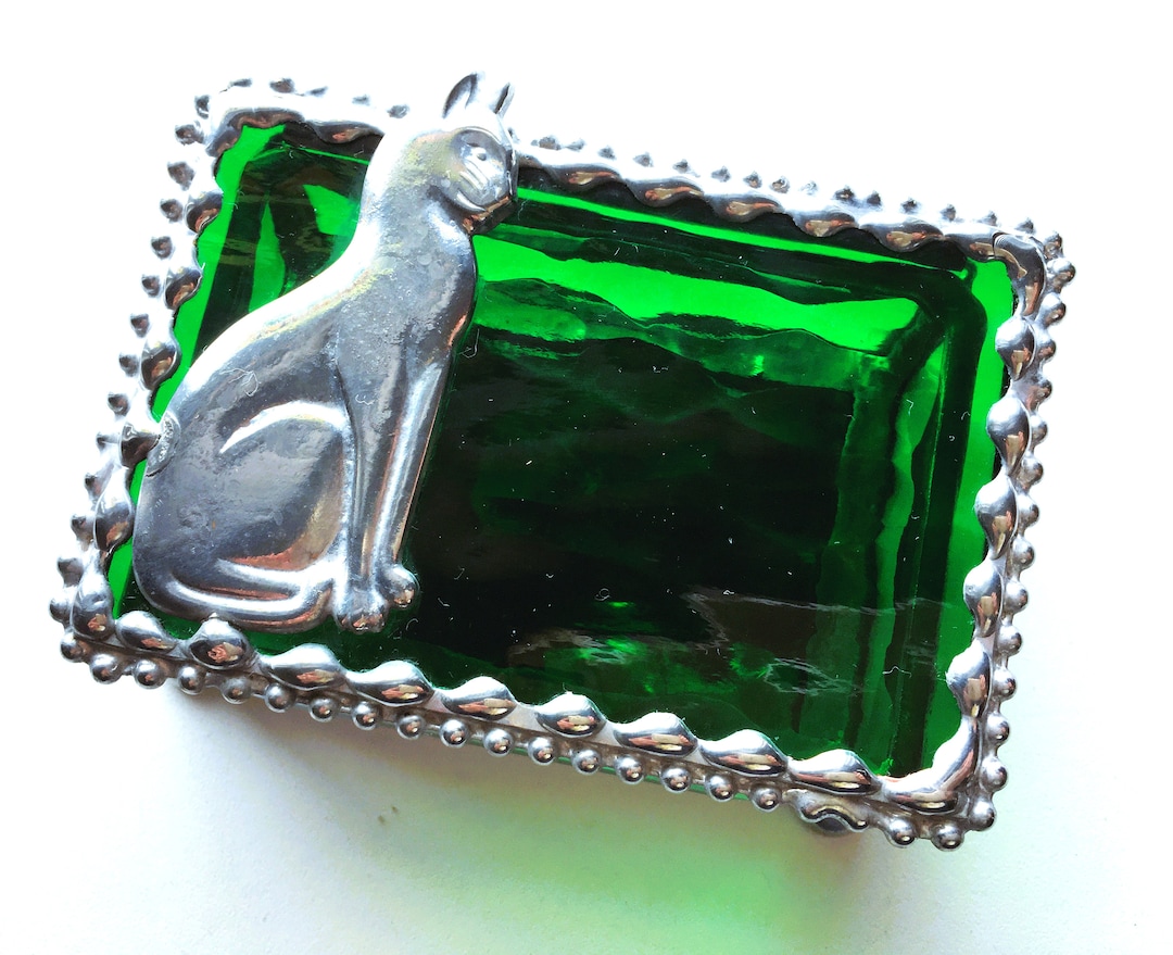 Stained Glass Cat Jewelry Box|stained Glass Trinket Box|textured Green ...