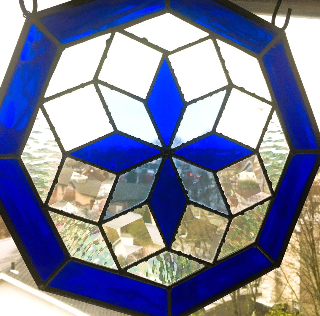 Stained Glass Octagonal Panel, Blue and Clear Glass, Window Decoration ...