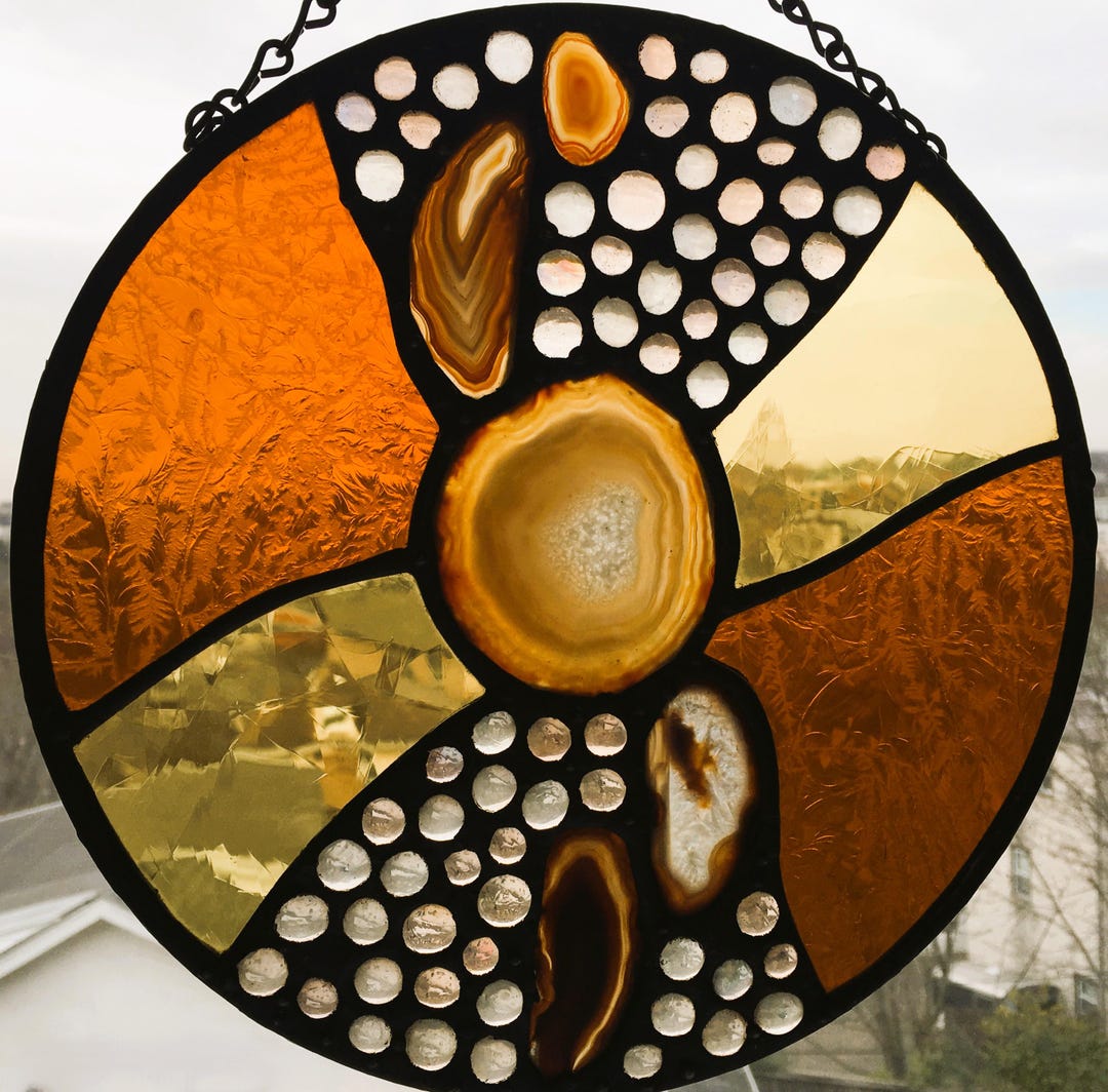 Stained Glass Panel With Agate|round Abstract Glass Window Medallion|gold & Amber Glass|ooak ...