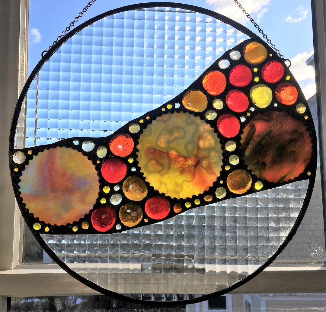 Stained Glass Art Panel|round Glass Panel|warm Colors|abstract Stained ...