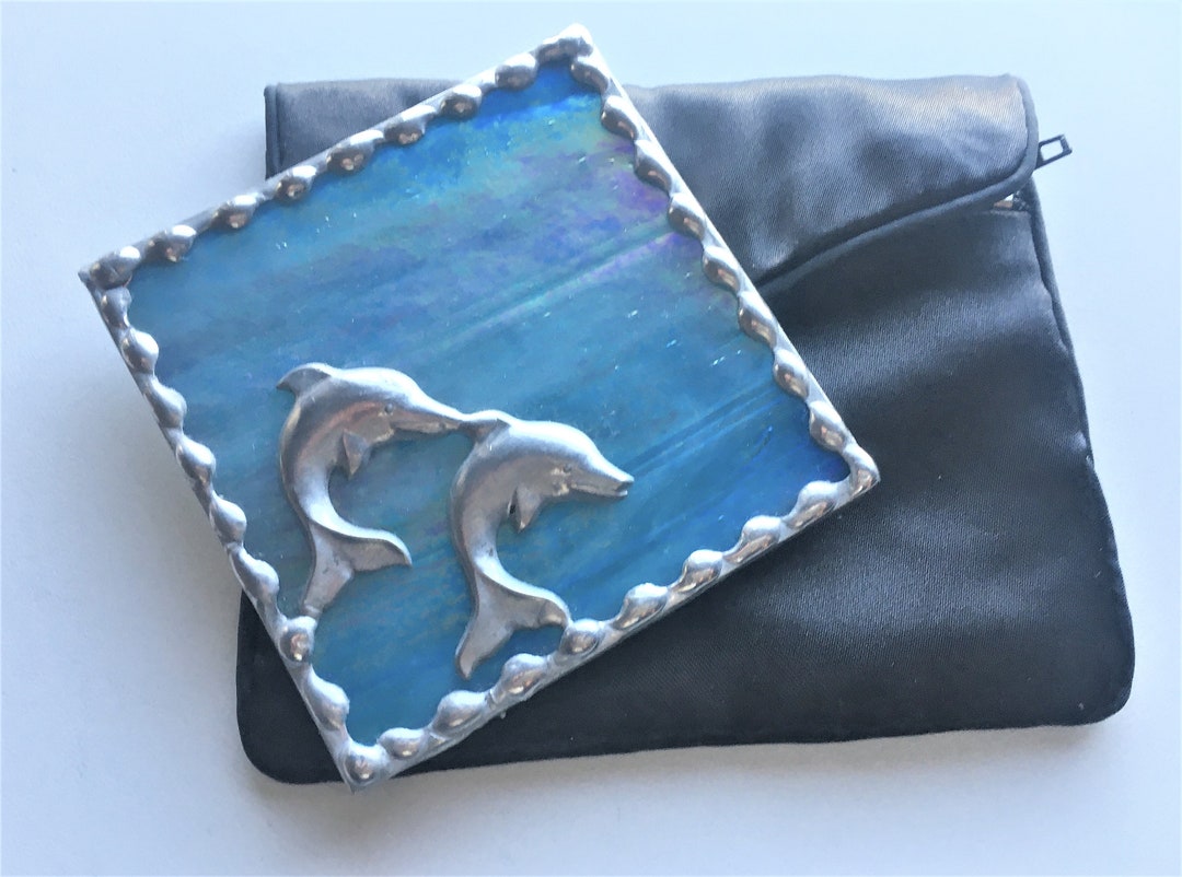 Stained Glass Dolphin Purse Mirror; Turquoise Iridescent; Brocade Pouch ...
