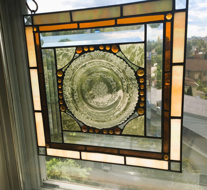 Stained Glass Panelyellow and Gold Glass With Vintage Glass - Etsy