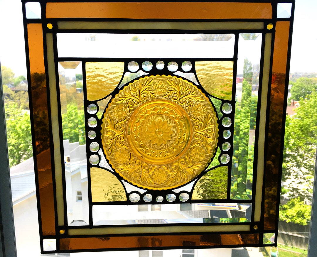 Stained Glass Panel With Vintage Indiana Glass Plate|sandwich Pattern ...