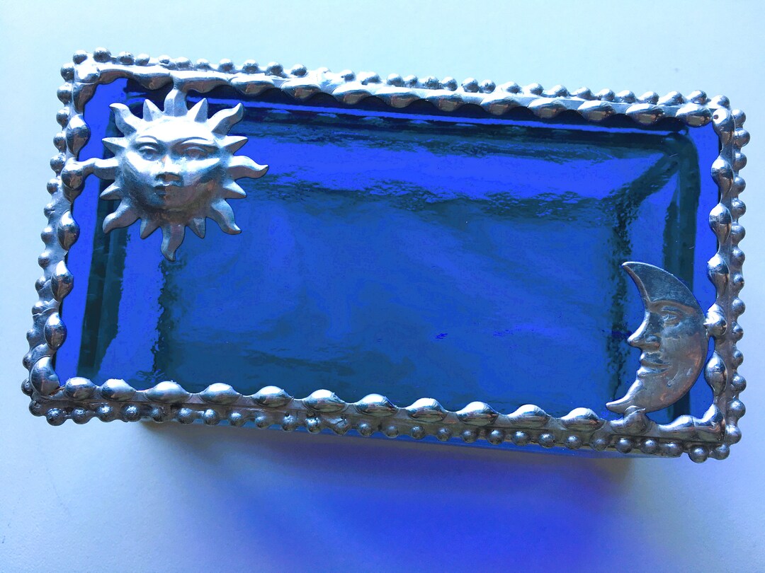 Stained Glass Sun & Moon Jewelry Box; Celestial True Cobalt Blue ...
