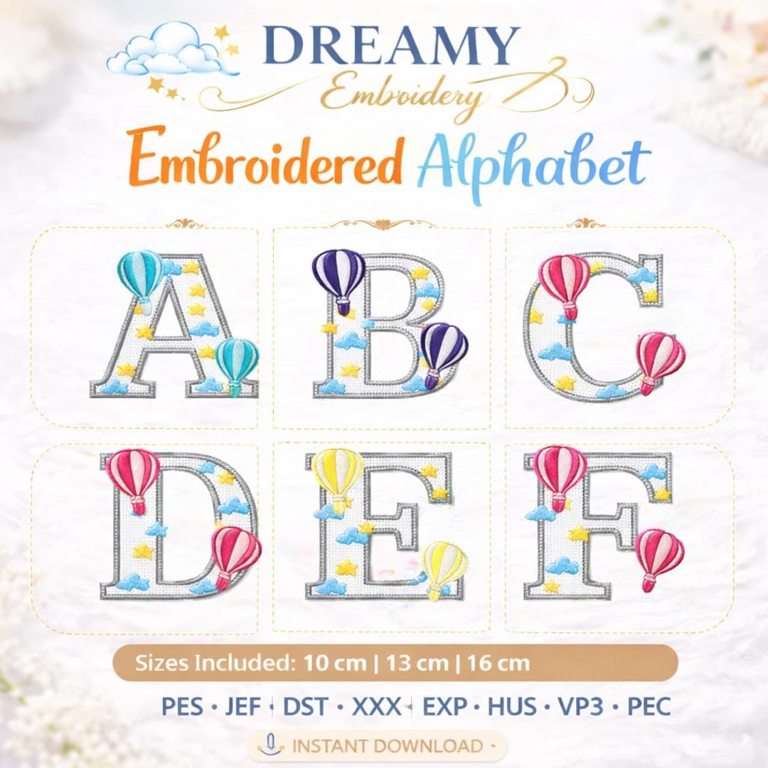 Dreamy Hot Air Balloon Alphabet Embroidery Design Bundle A-Z – Baby ...