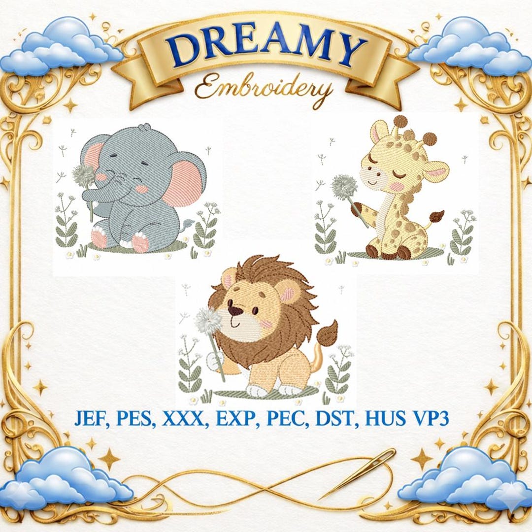 Cute Safari Animals Embroidery Design Bundle – Baby Elephant, Giraffe ...