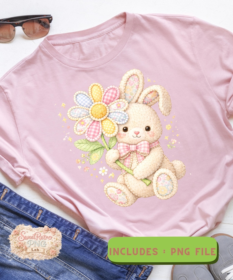 Spring Bunny PNG – Patchwork Daisy Flower Easter Bunny – Cottagecore ...