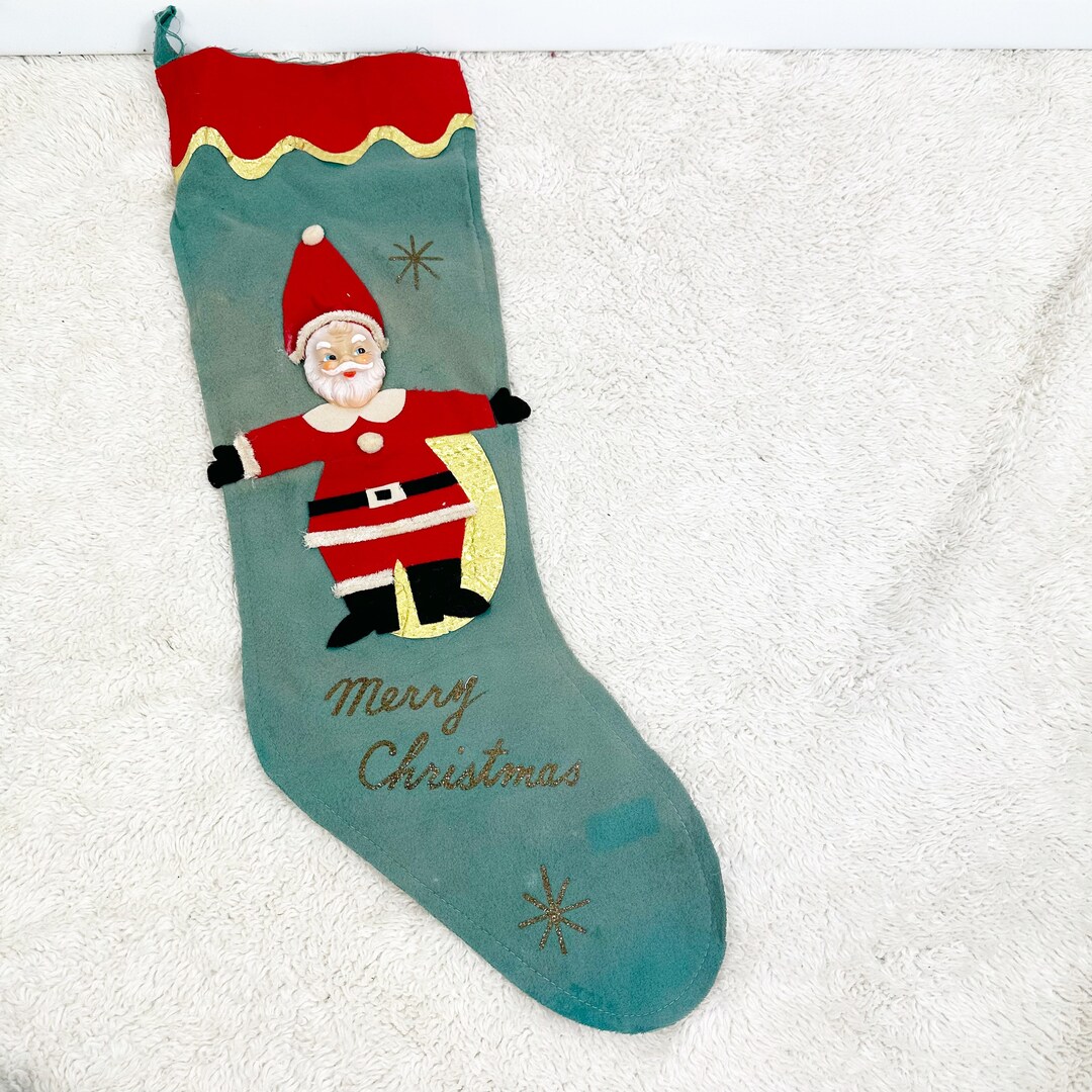 Vintage Mid Century Felt Christmas Stocking 3D Plastic Face Santa Head ...