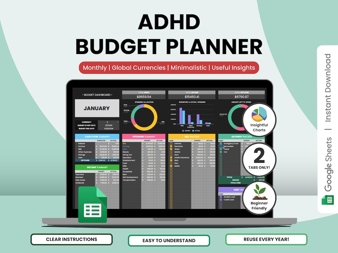 ADHD Digital Planner | Google Sheets Monthly Budget & Bill Tracker With ...