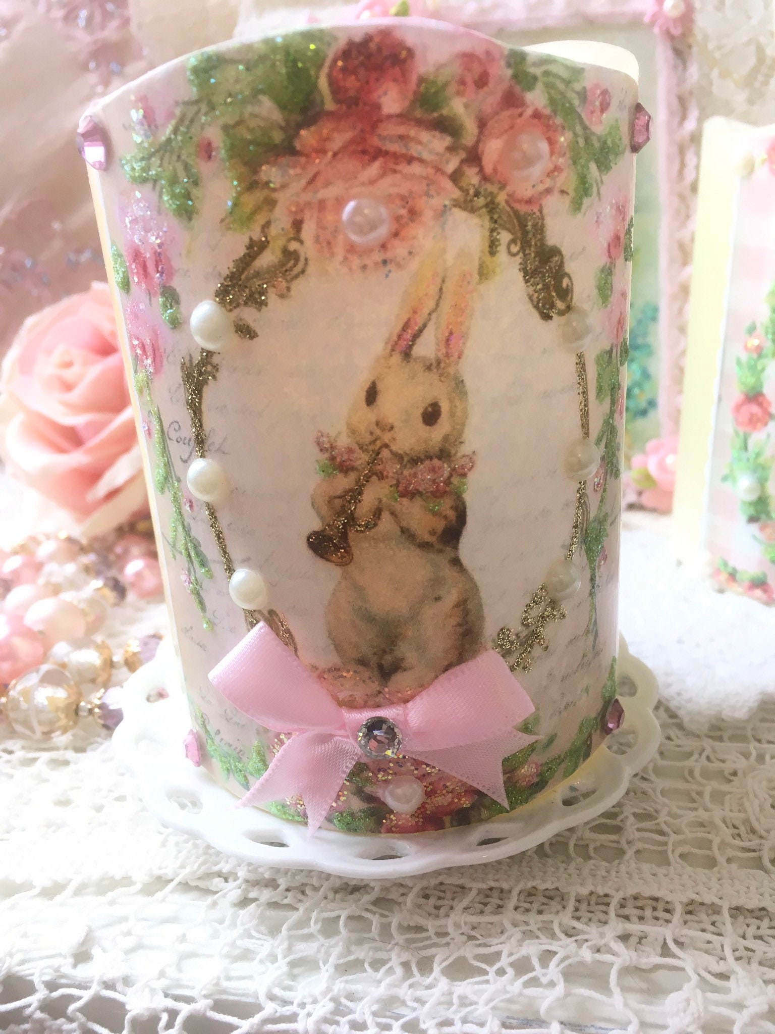 Shabby Pink Victorian Bunny flameless candle Battery operated | Etsy