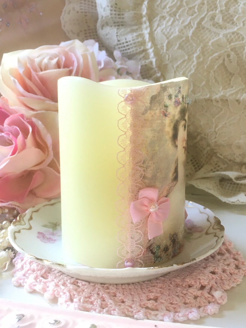 Victorian Lady Flameless Candle Shabby Pink Roses Wax LED | Etsy