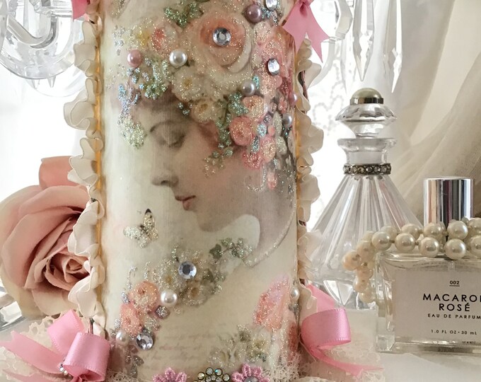 Shabby Pink Rose Flameless Candle, Decorated Wax Candle, Vintage Pink ...