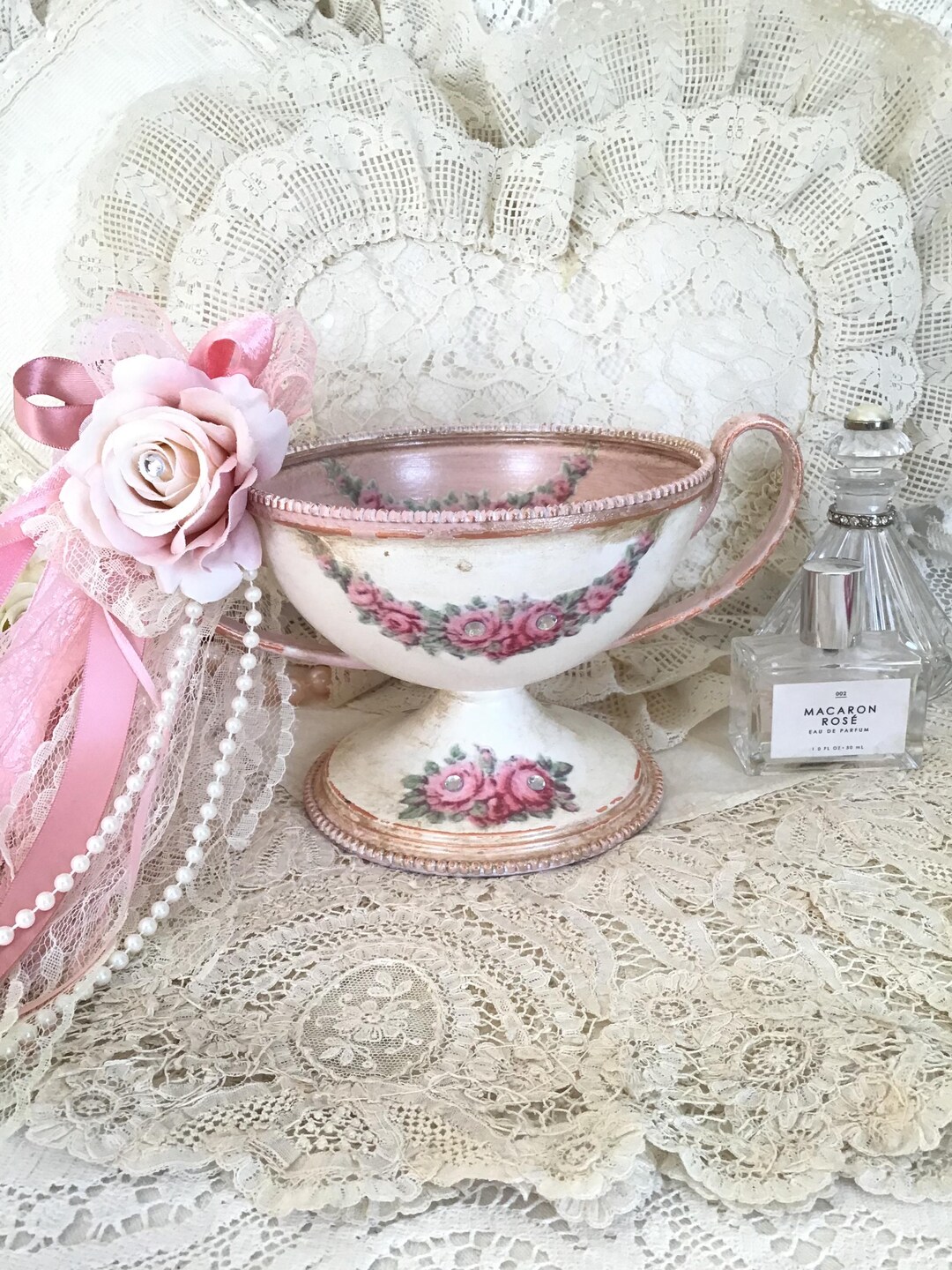 Shabby Chic Display Pedestal: Pink Rose Trophy Tray, Cottage Decor - Etsy