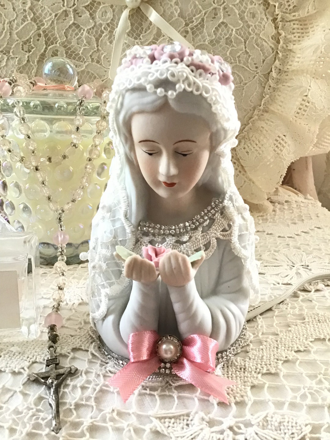 Virgin Mary Porcelain Nightlight, Shabby Chic Madonna Pink Rose, Mary ...
