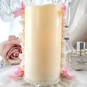 Shabby Pink Rose Flameless Candle, Decorated Wax Candle, Vintage Pink ...