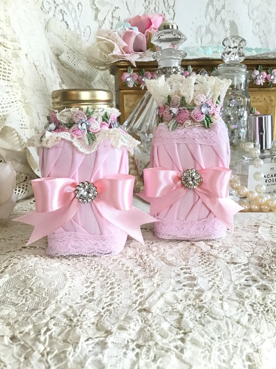 Coquette Vanity Jar Pink Bow Dresser Decor Talcum Powder Shaker Jar ...