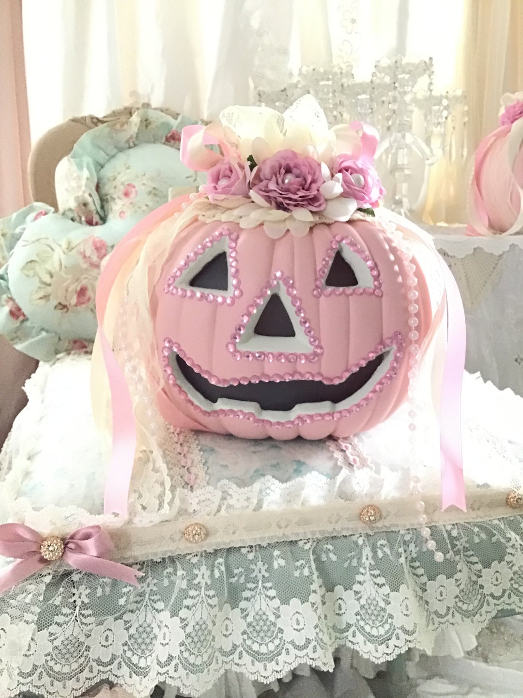 Shabby Chic Pink Pumpkin Lantern: Halloween Cottage Decor With Roses - Etsy