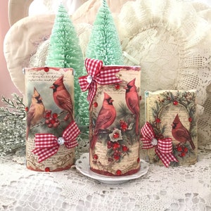 Farmhouse Christmas Cardinal Candle, Flameless Candle, Winter Birds ...