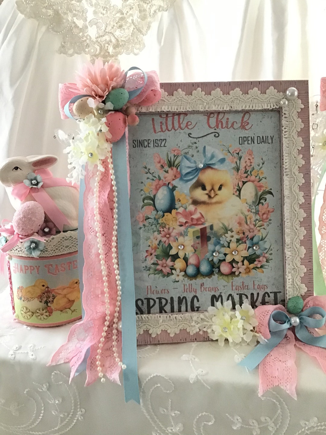 Easter Chicks Wall Decor, Shabby Pink Easter Framed Print, Vintage ...