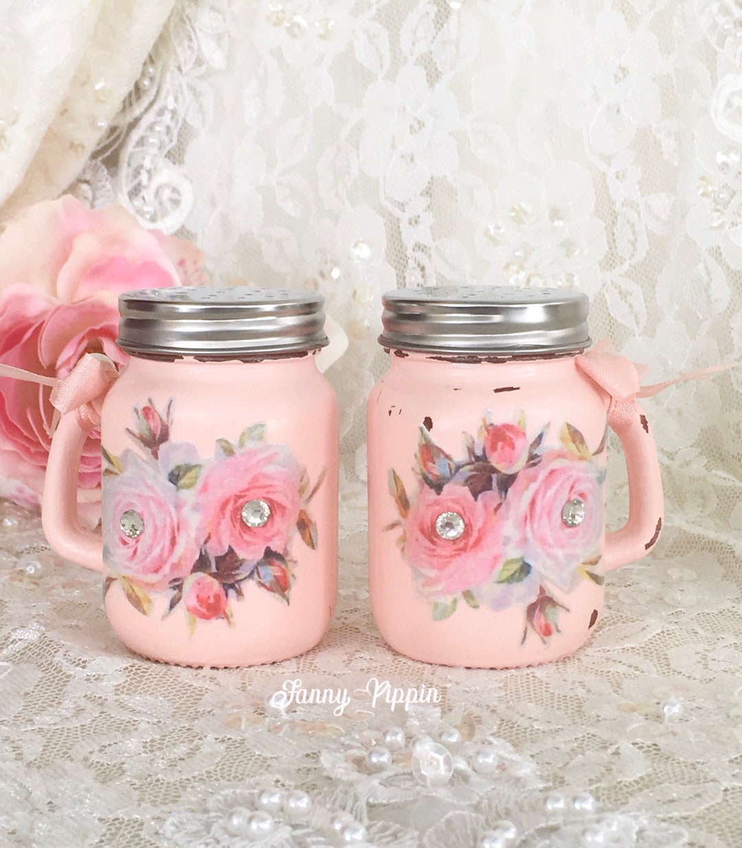 Shabby Chic Pink Rose Salt & Pepper Shaker Set: Vintage Kitchen Decor ...