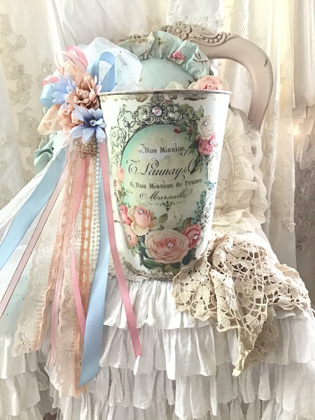 Shabby Metal Pail, Decorative Storage Pail, Painted Bucket, Laundry ...