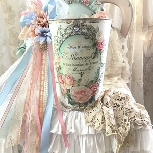 Shabby Metal Pail, Decorative Storage Pail, Painted Bucket, Laundry ...