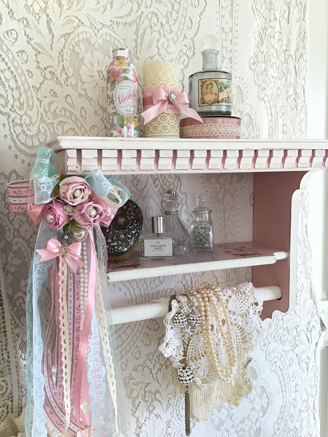 Shabby Pink Wall Shelf Kitchen Storage French Linen Towel Rack ...