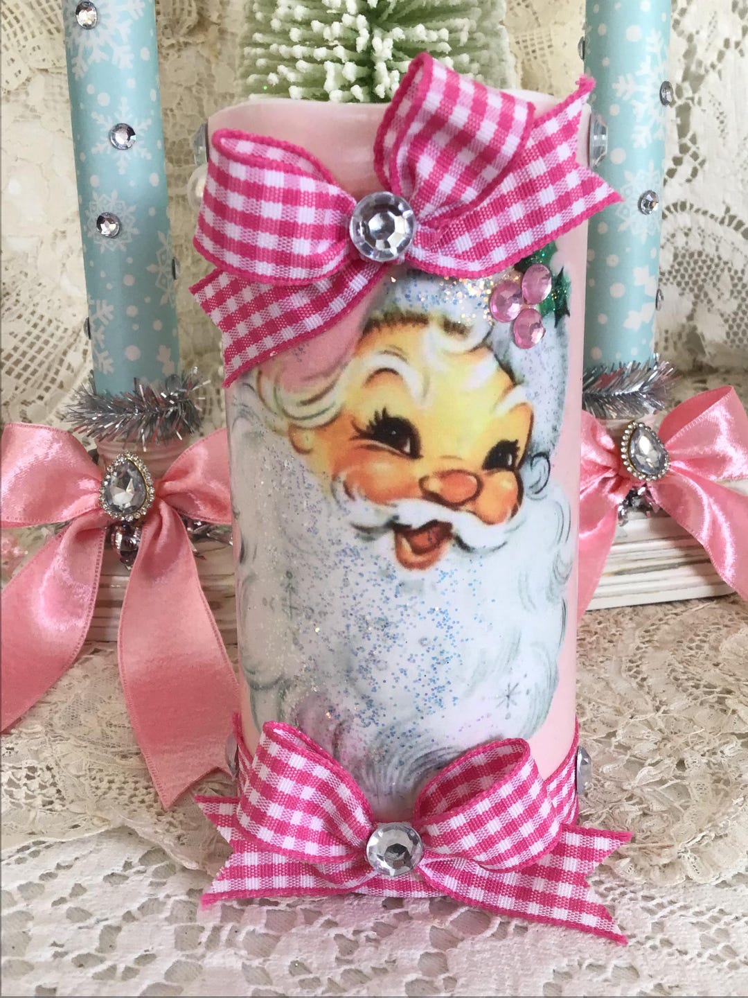 Shabby Pink Winking Santa Flameless Candle, Vintage Christmas Pink ...