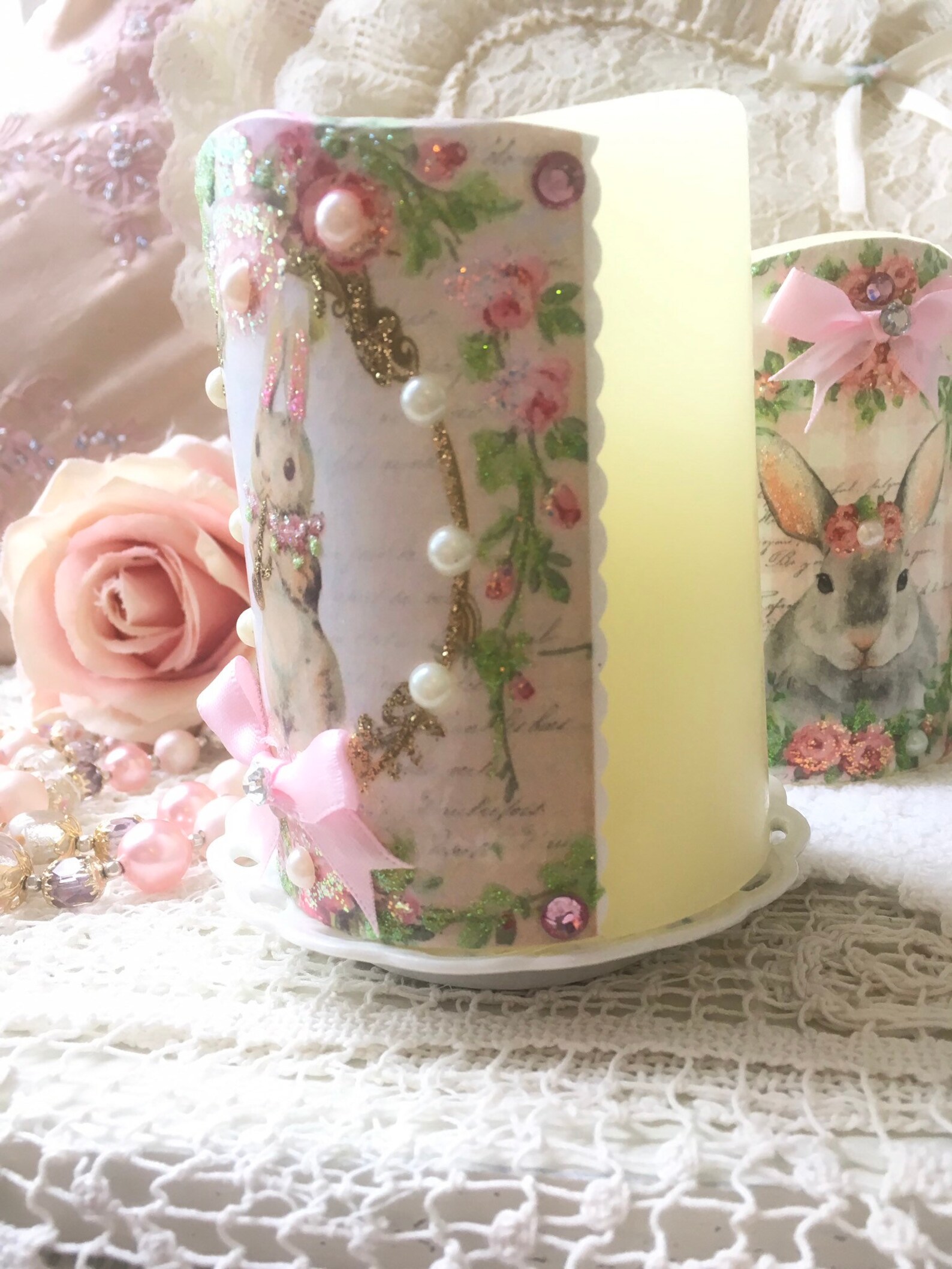 Shabby Pink Victorian Bunny Flameless Candle Battery Operated | Etsy