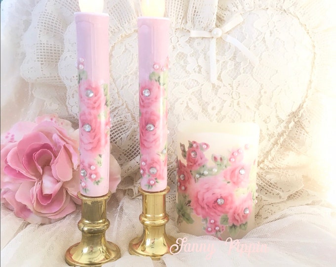 RESERVED Shabby Pink Taper Candles, Flameless Window Candles ...