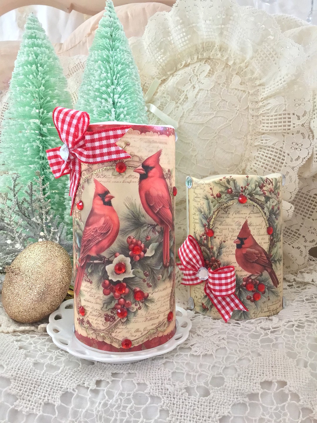 Farmhouse Christmas Cardinal Candle, Flameless Candle, Winter Birds ...