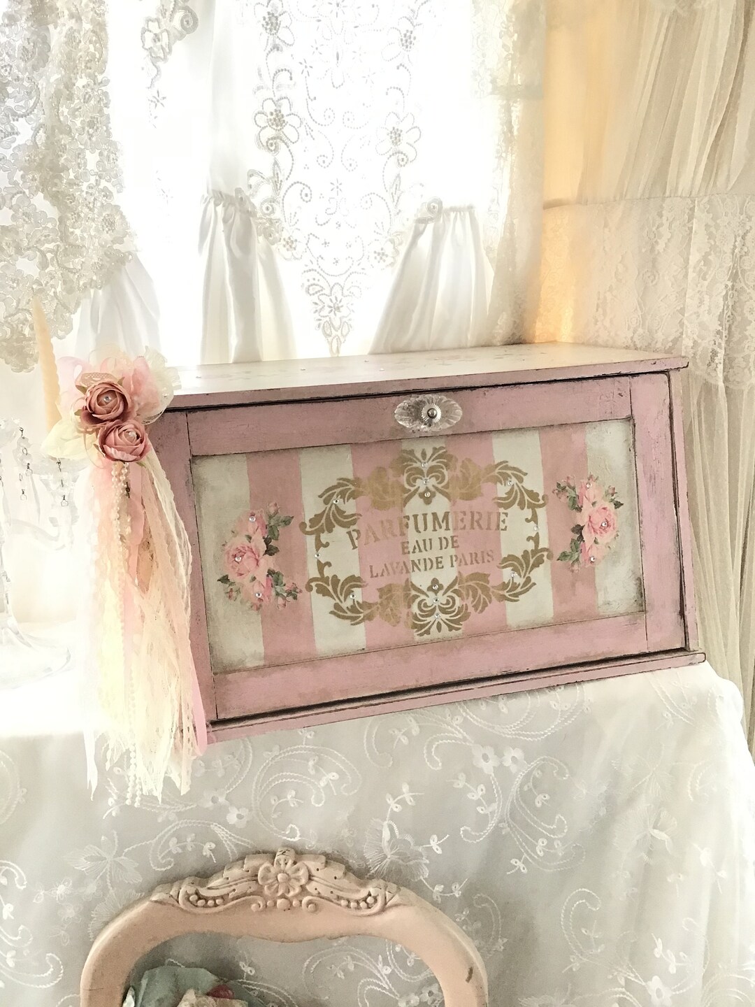 Shabby French Breadbox, Vintage Breadbox, Pink Roses, Kitchen Storage ...