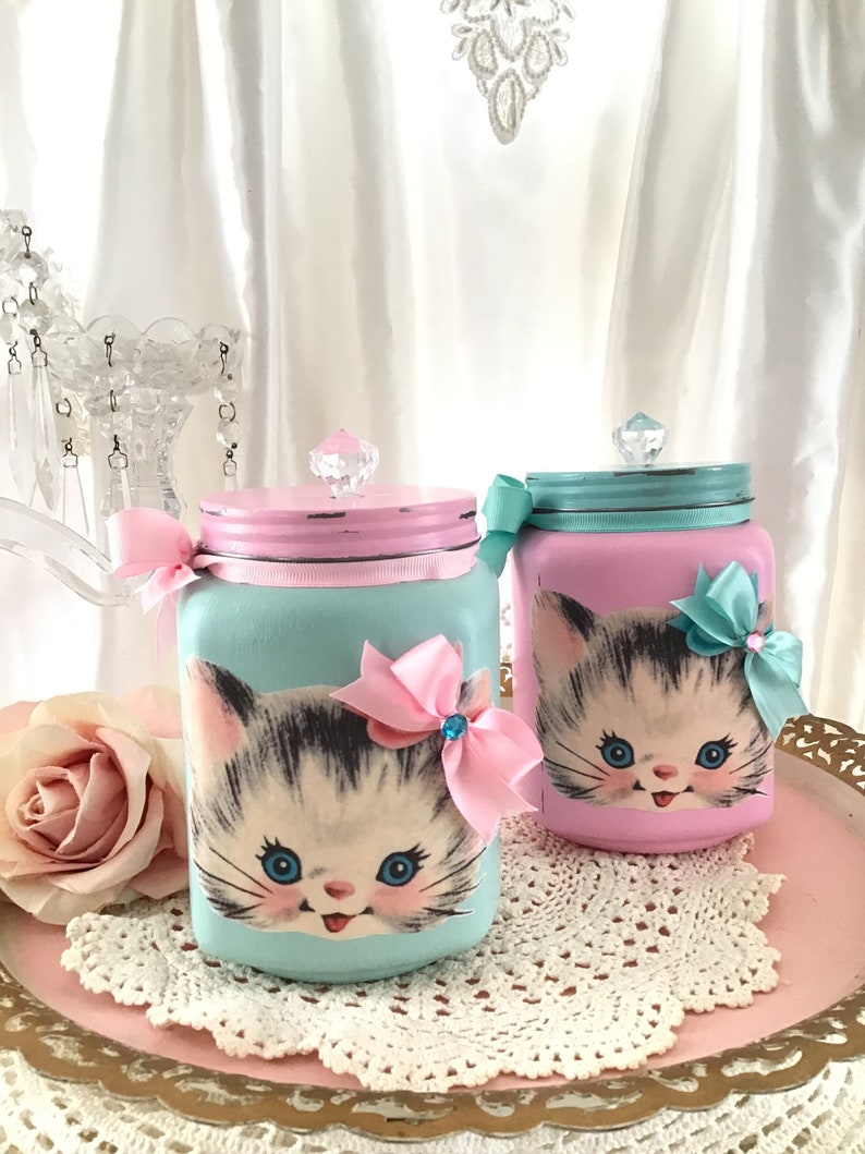 Vintage Kitty Glass Canister: Atomic Pink & Blue Retro Decor - Etsy