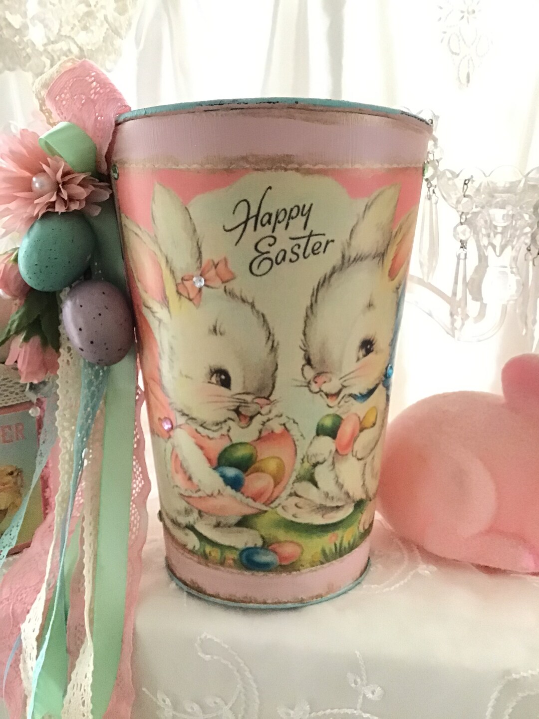 Easter Bunny Pail, Vintage Easter Decor, Kitschy Easter Bunny, Metal ...