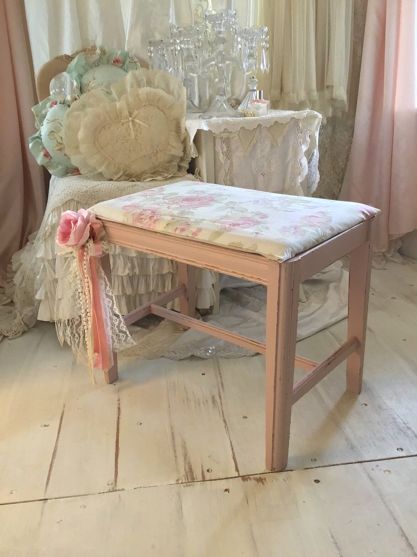 Shabby Pink Bench, Floral Vanity Bench, Vintage Piano Bench, Chippy ...