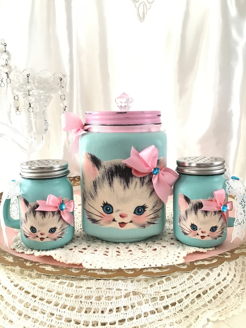 Vintage Kitty Glass Canister: Atomic Pink & Blue Retro Decor - Etsy